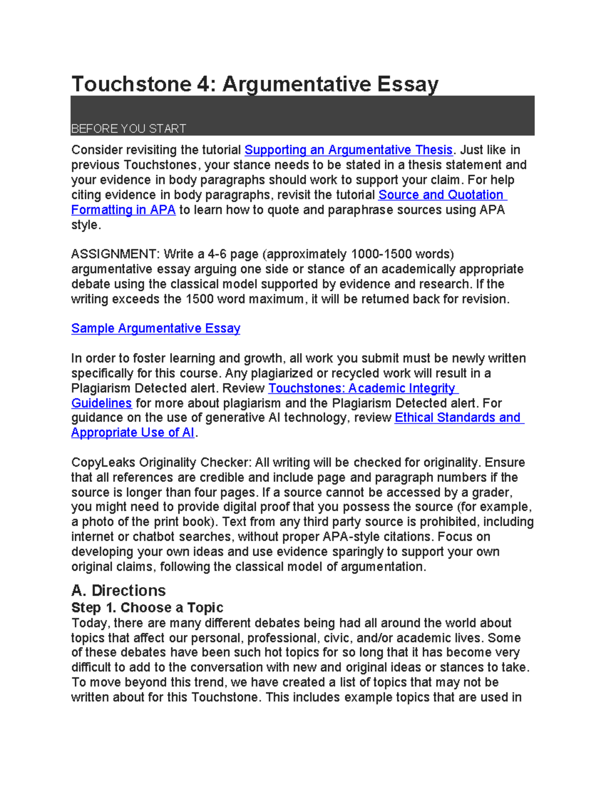 Touchstone 4: Guidelines for Writing an Argumentative Essay - Studocu