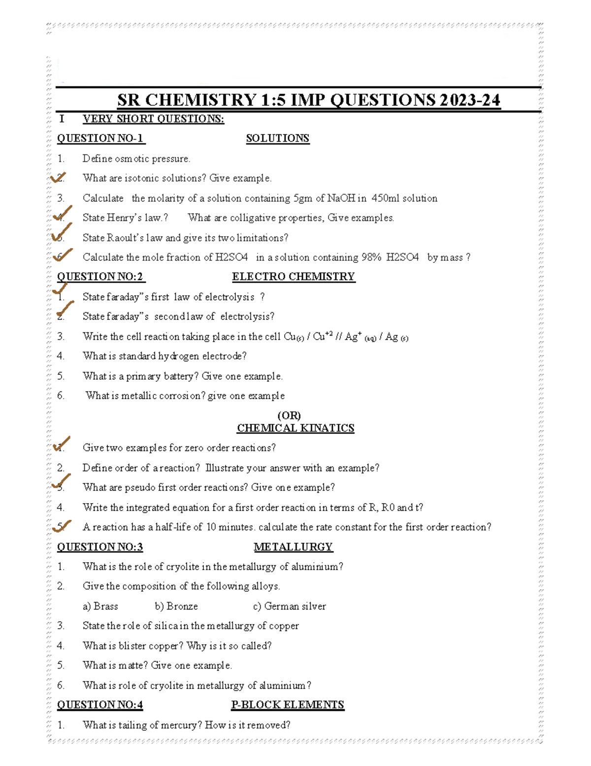 SR CHEMISTRY 1:5 IMP QUESTIONS & SOLUTIONS FOR FINAL EXAM - Studocu
