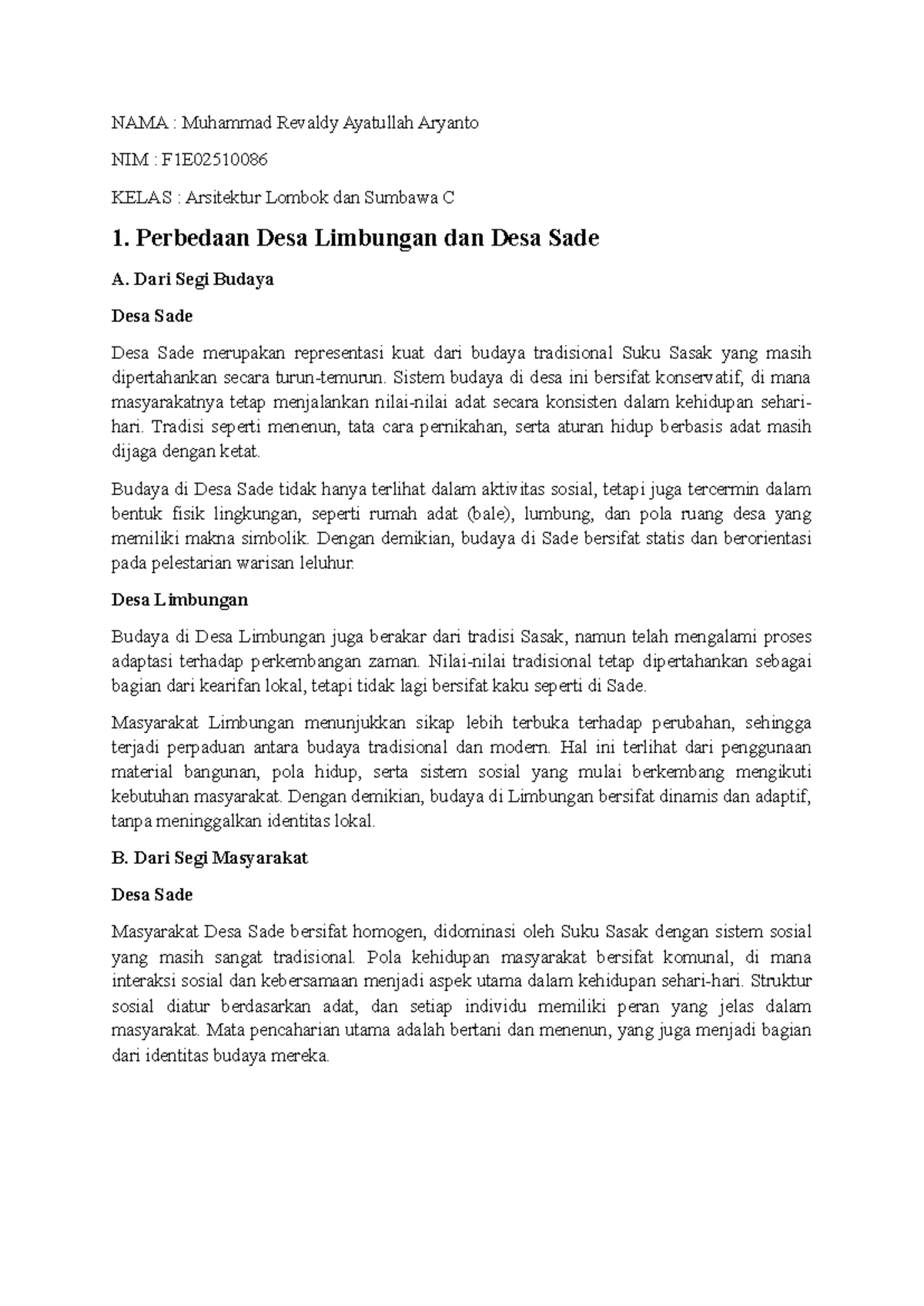 Perbandingan Budaya dan Masyarakat Desa Sade dan Limbungan - ARS C ...