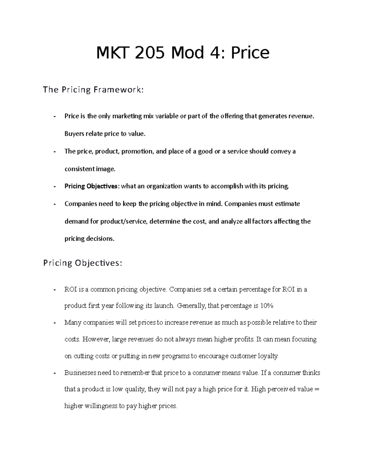 MKT 205 Module 4: Comprehensive Pricing Strategy Notes - Studocu