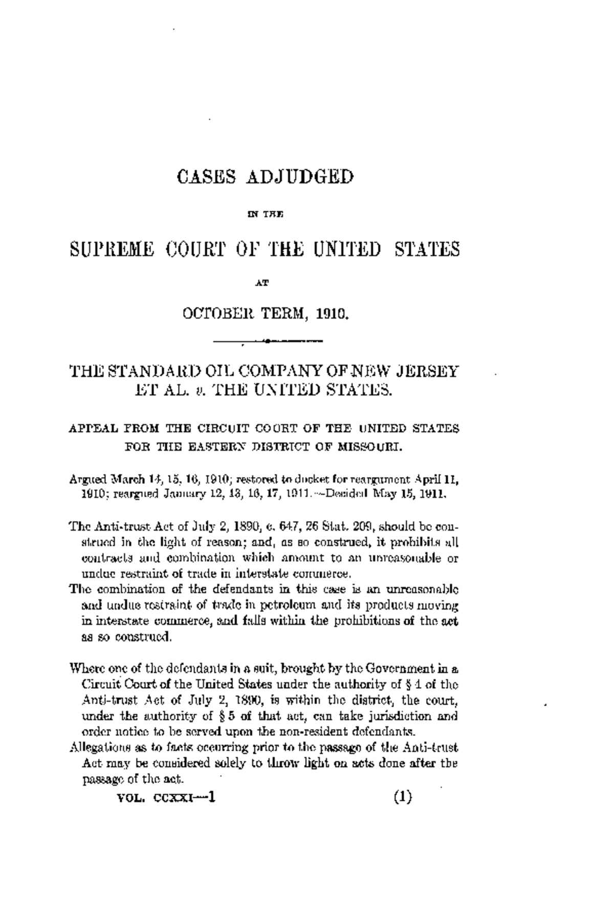Standard Oil Co. v. United States: Supreme Court Case Analysis (1911 ...