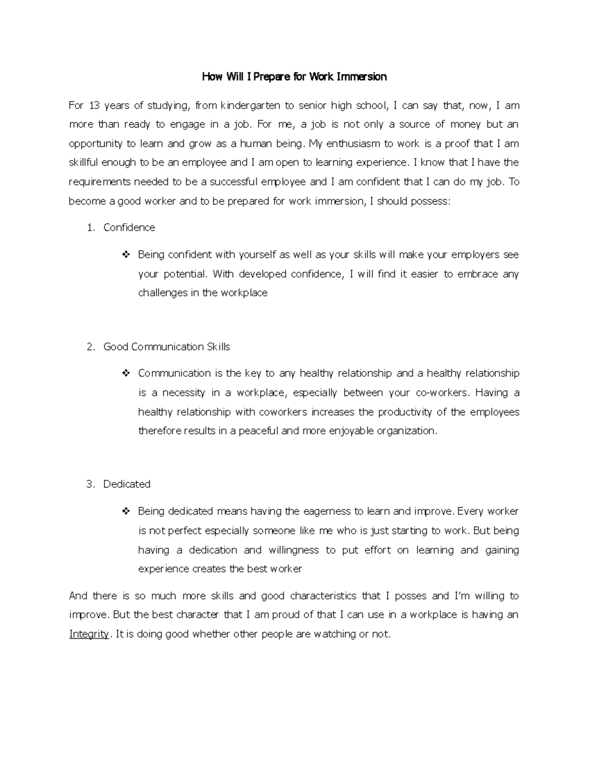 Preparing for Work Immersion: Building Skills for Success - Studocu