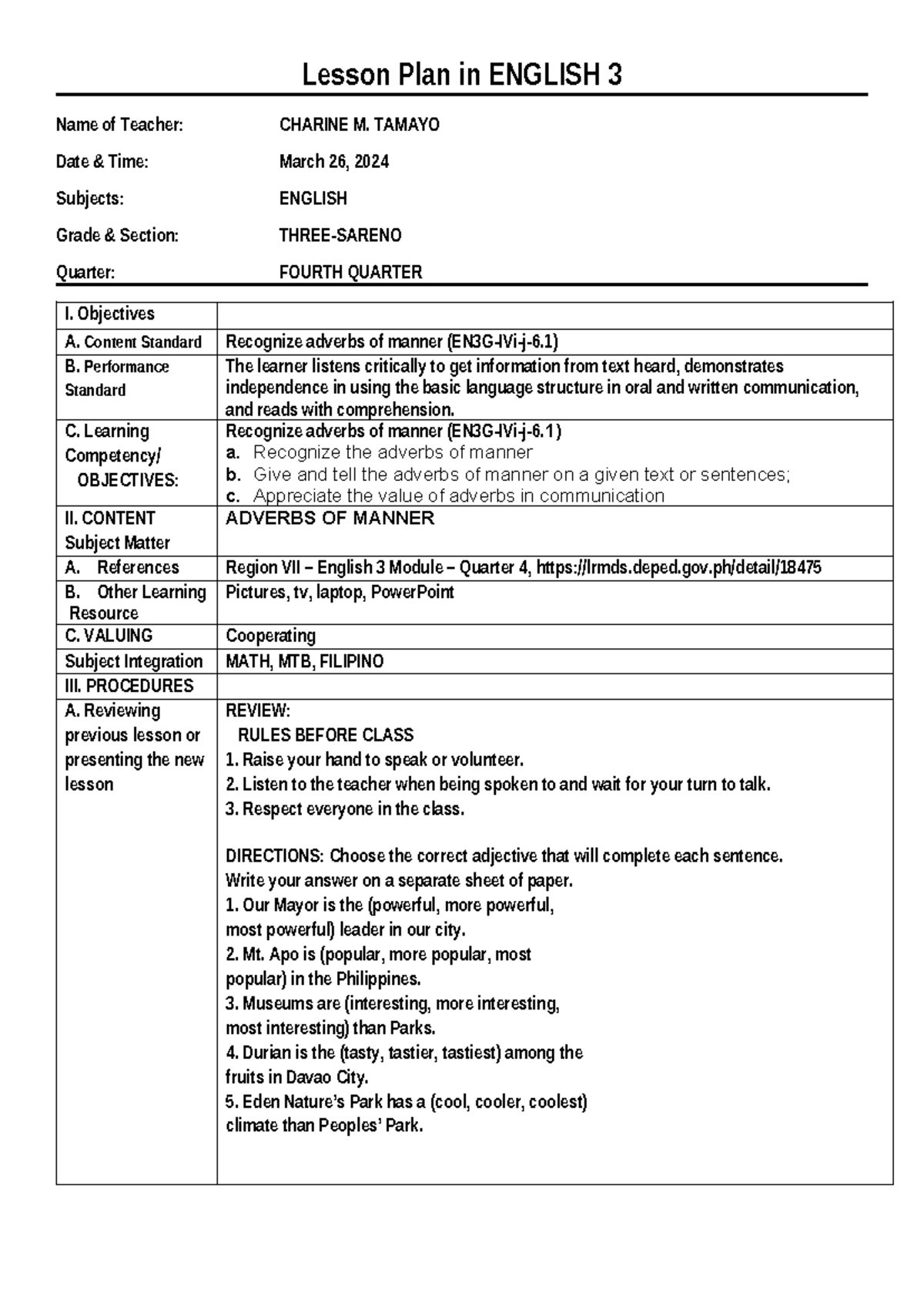 LP: Lesson Plan for Teaching Adverbs of Manner (EN3G-IVi-j-6.1) - Studocu