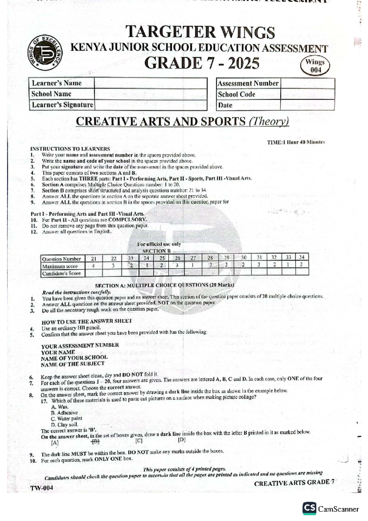 Targeter W: Creative Arts & Sports Assessment for Grade 7 (Wings 004 ...