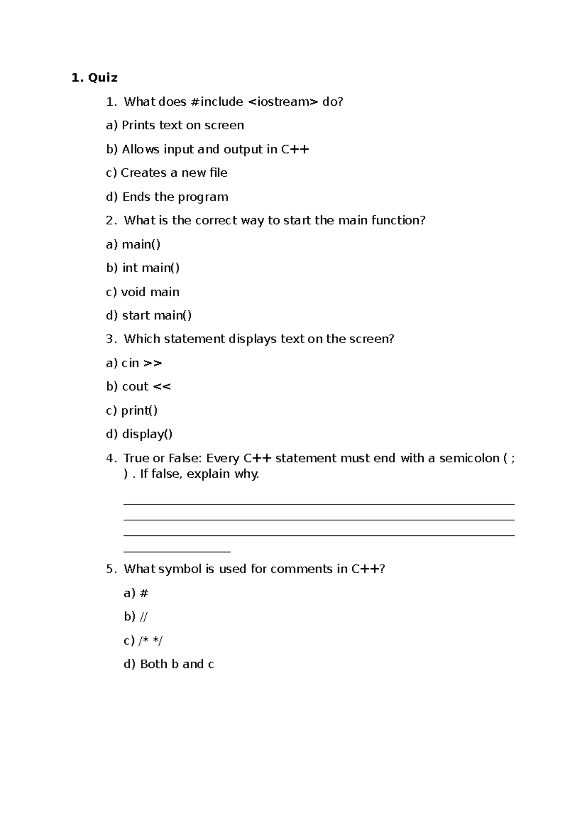 C++ Tutorial 1 Quiz: Key Concepts and Practical Questions - Studocu