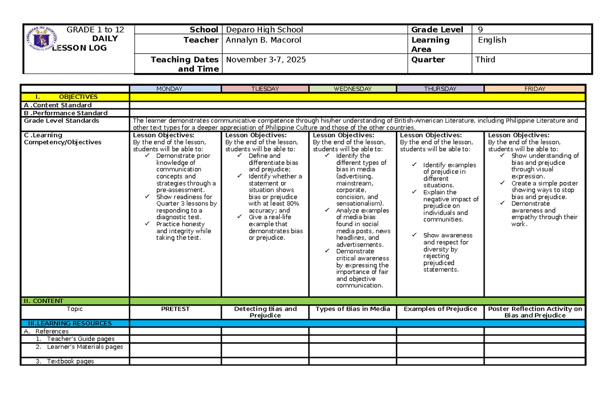G-9-DLL Q3-Week-1: Daily Lesson Log on Bias and Prejudice - Studocu