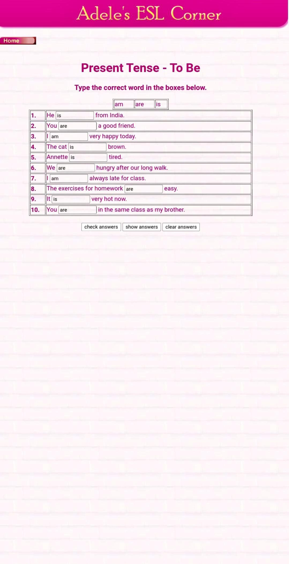 Ingles seccion 1500 - Adele's ESL Corner Home Present Tense - To Be Type the correct word in the ...