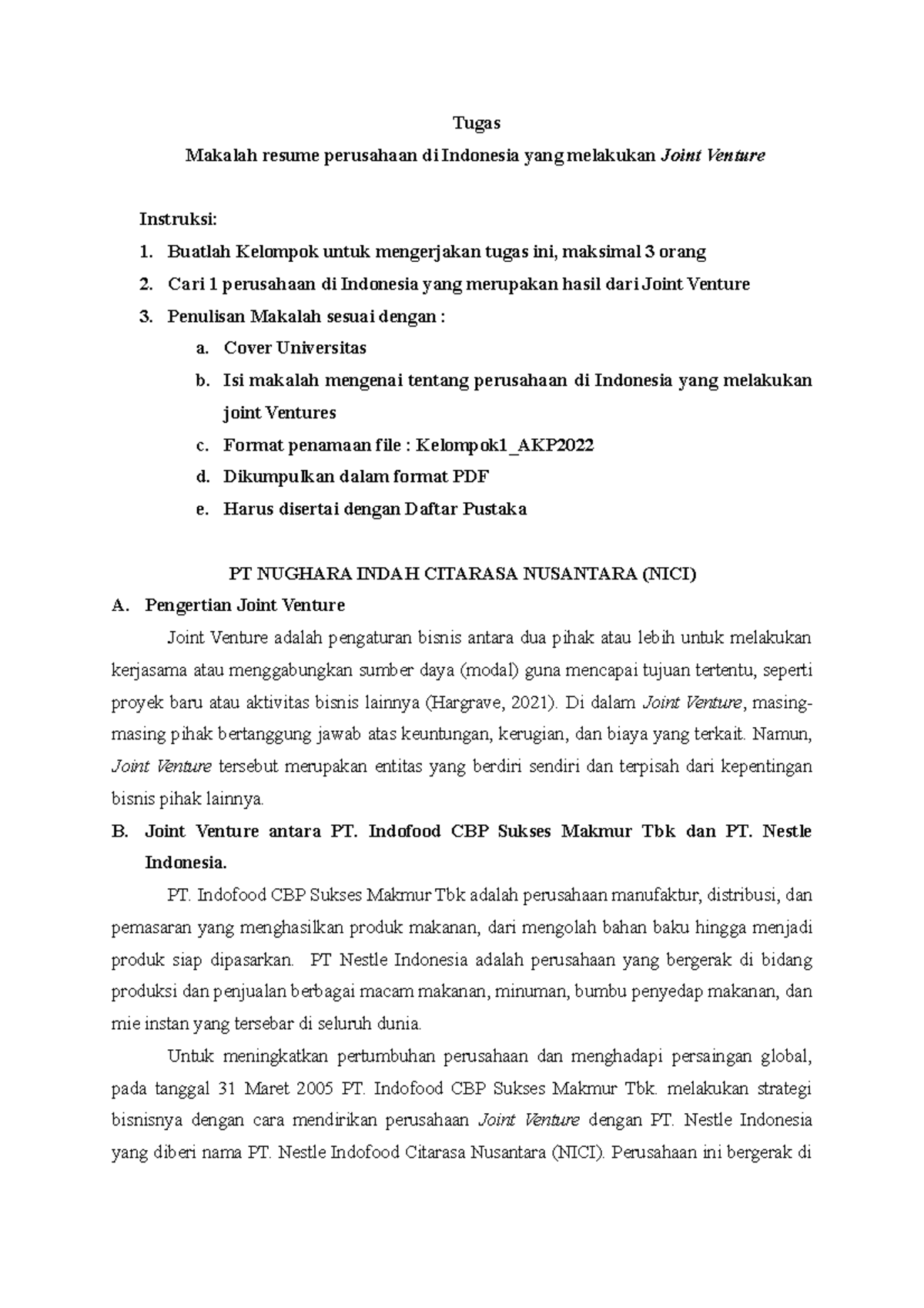 Analisis Joint Venture PT. Indofood dan PT. Nestle Indonesia - Studocu