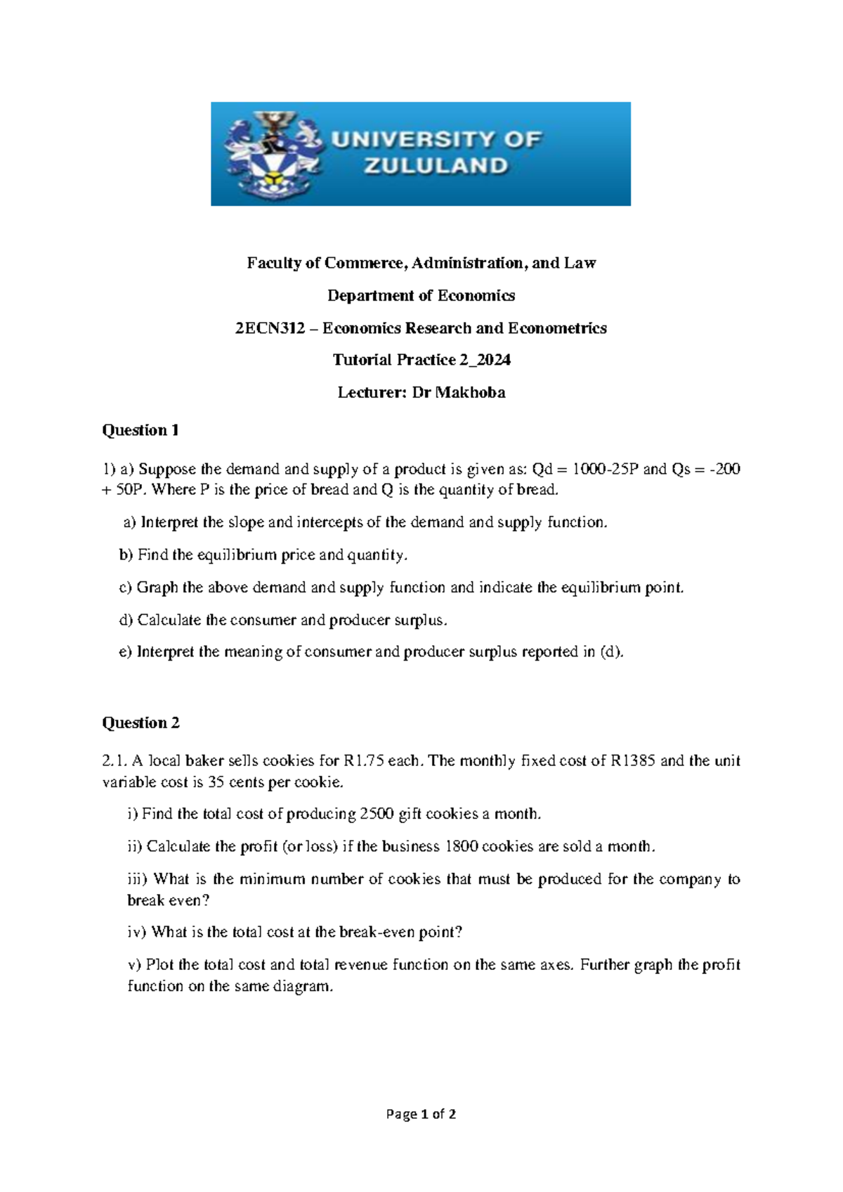 2ECN312 Economics Research & Econometrics Tutorial Practice 2_2024 - Studocu