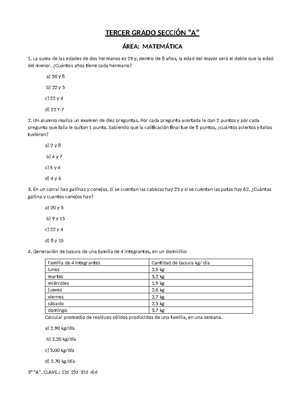 Primer Grado U - Preguntas para el Examen de Matemáticas y Ciencias ...