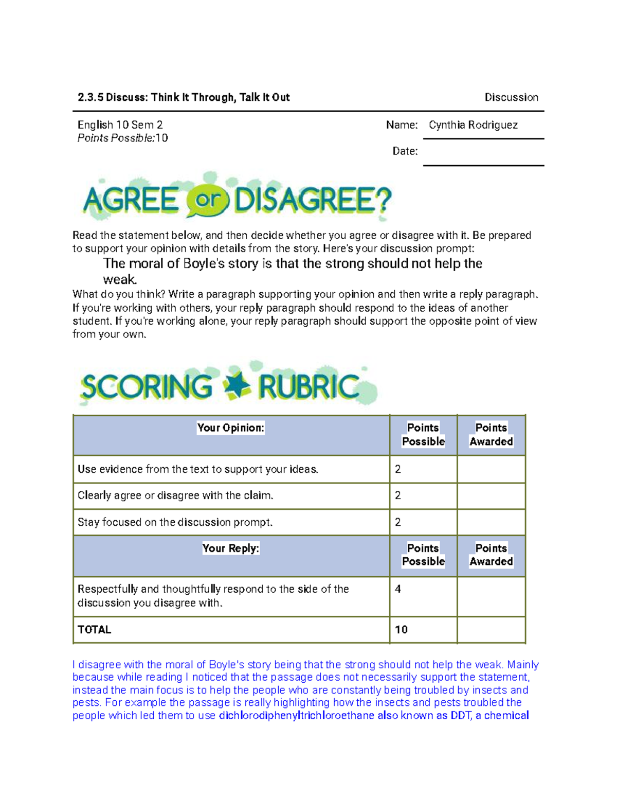 English 10 Sem 2 Discussion: Think It Through, Talk It Out Analysis ...