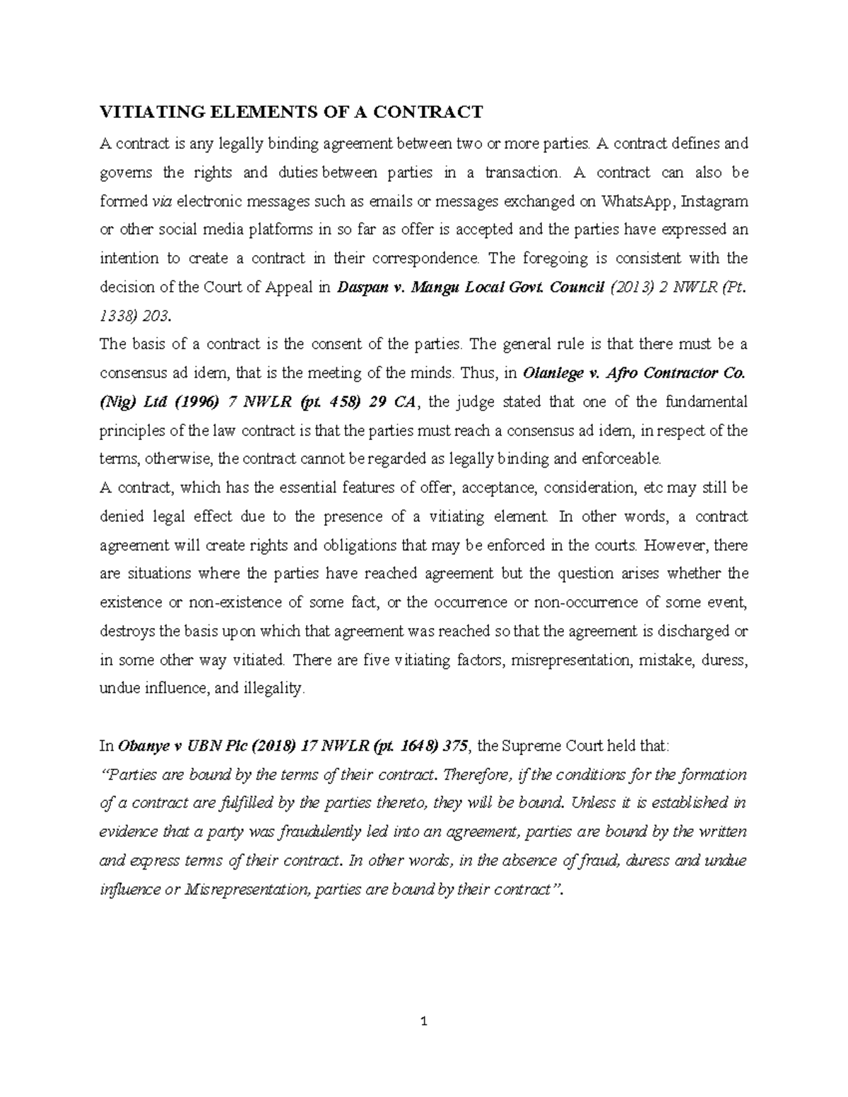 Note on Vitiating Elements of a Contract: Focus on Mistake - Studocu