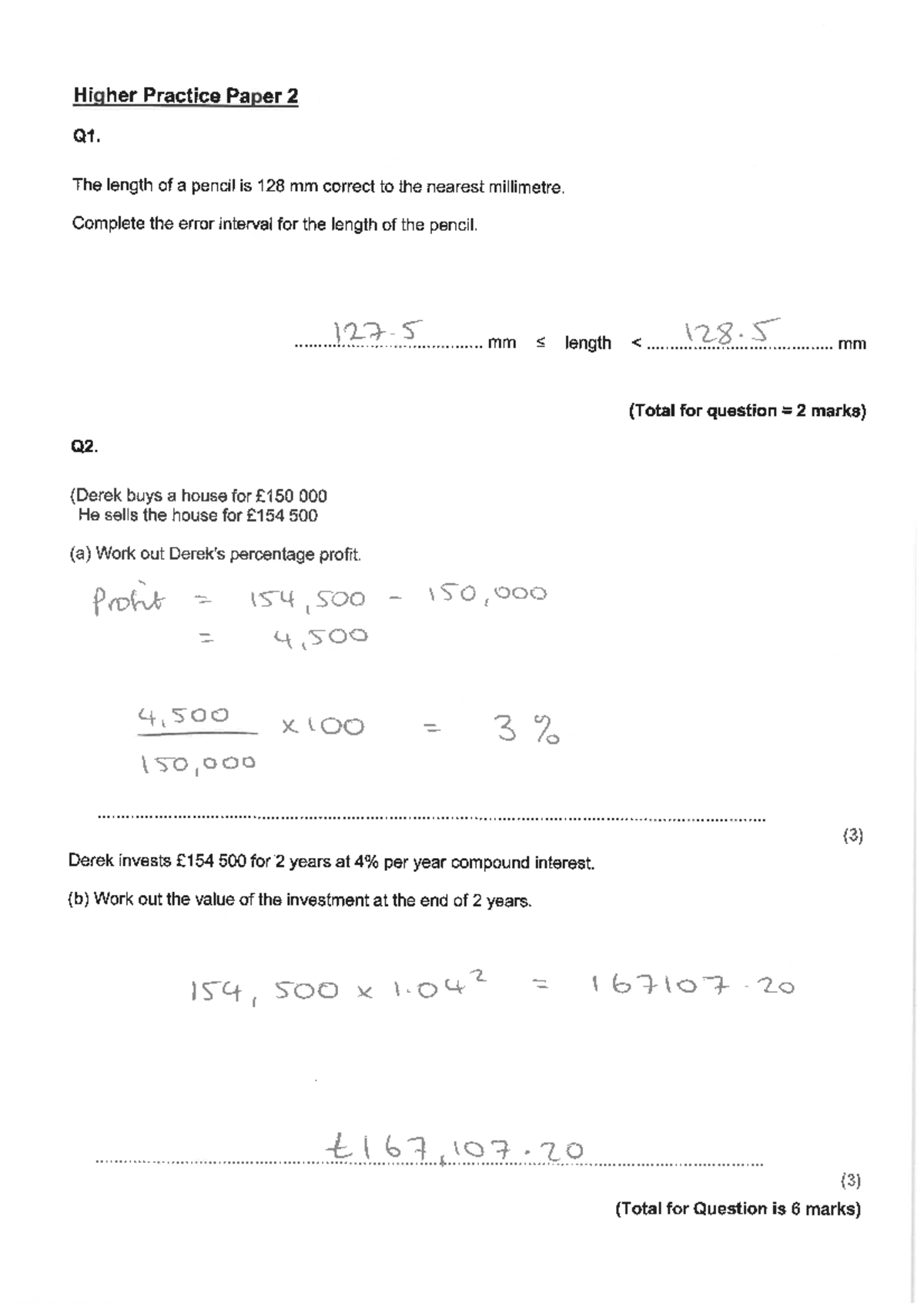 Higher P2 Practice Paper - Worked Solutions and Answers - Studocu