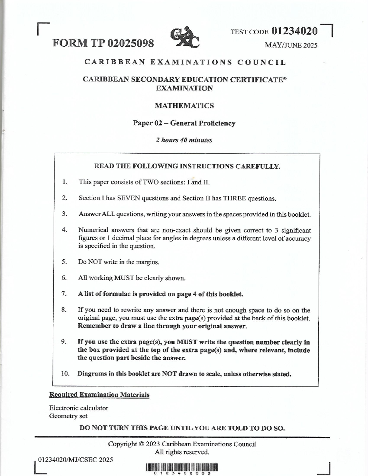 Mathematics Paper 02 General Proficiency - May/June 2025 Exam - Studocu