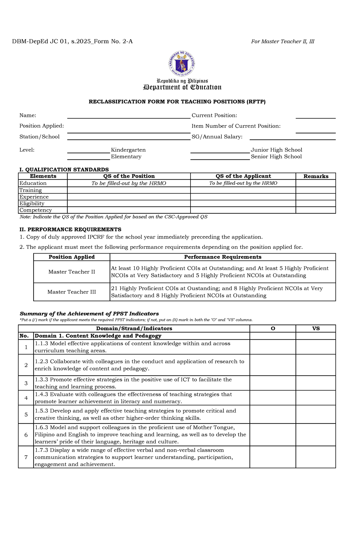 JC 01, s.2025 Reclassification Form for Master Teacher II - Studocu