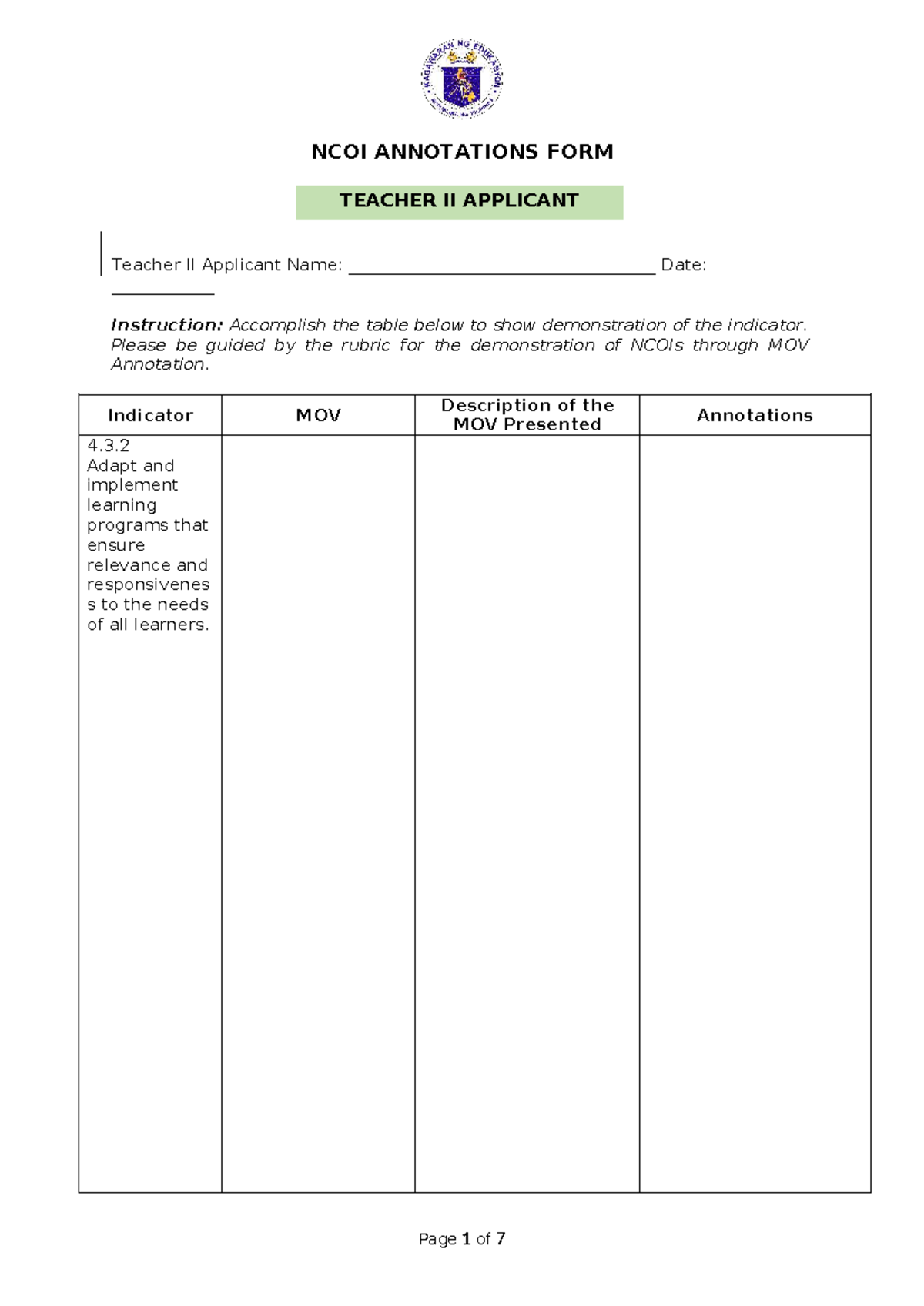 NCOI Annotations Form for Teacher II Applicant Evaluation - Studocu