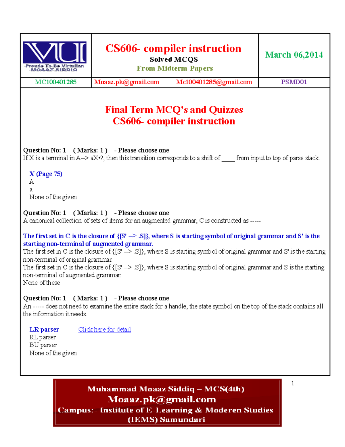 CS606 Final Term Solved MCQs and References by Moaaz - Studocu