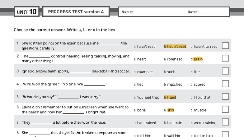 PB Am E B1 Unit Test U10: Progress Test Version A - Studocu
