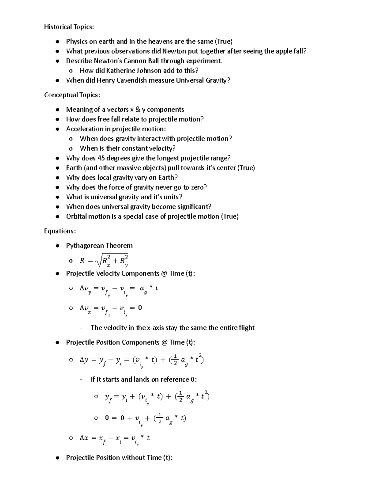 Projectile Motion & Universal Gravity Study Guide (PHYS 101) - Studocu