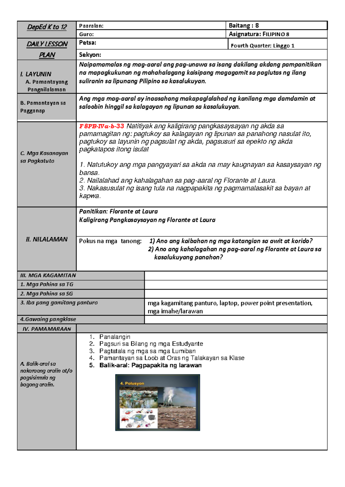 DLP: Florante at Laura - Daily Lesson Plan for Grade 8 Filipino - Studocu