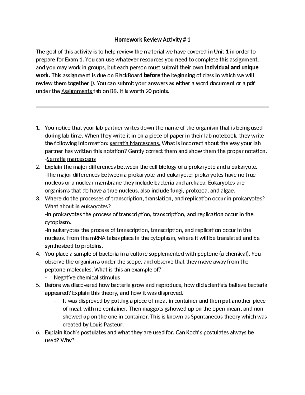 Biology Unit 1 Homework Review for Exam 1 Preparation - Studocu