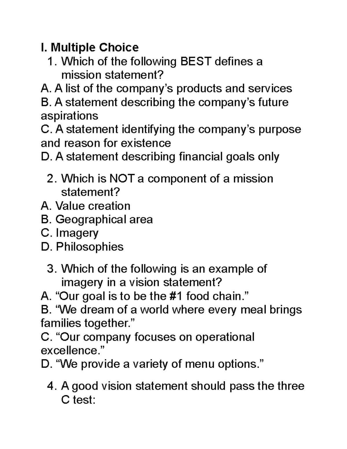Assessment Stratma: Multiple Choice Questions on Mission Statements and ...