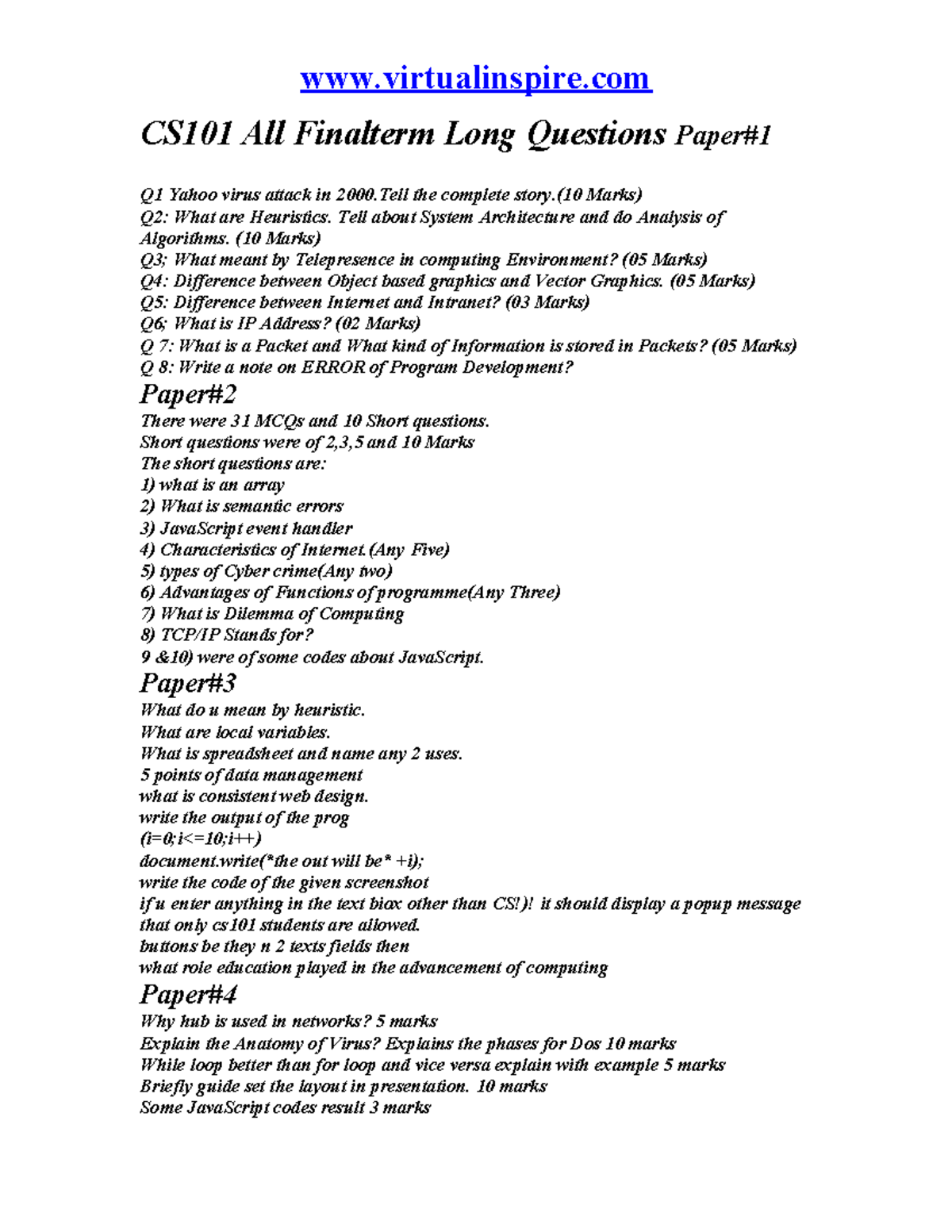 CS101 Final Exam Long Questions Compilation and Key Concepts - Studocu