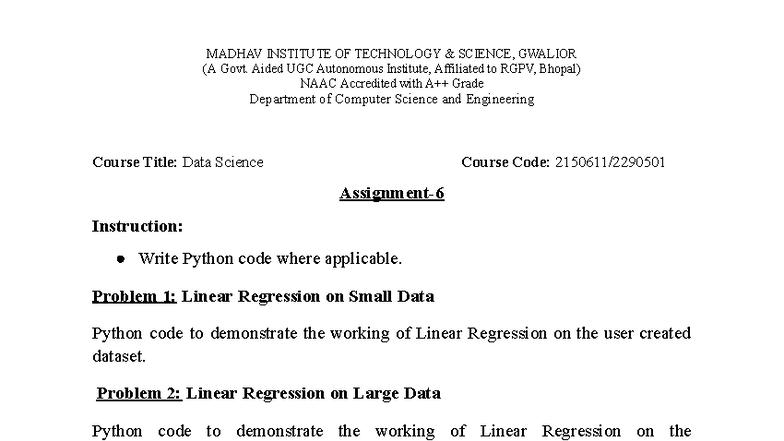 Data Science Assignment 6: Linear Regression & Spam Classification - Studocu