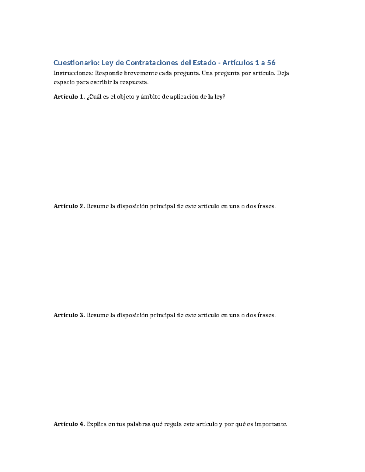 Cuestionario: Ley de Contrataciones del Estado Artículos 1-56 - Studocu