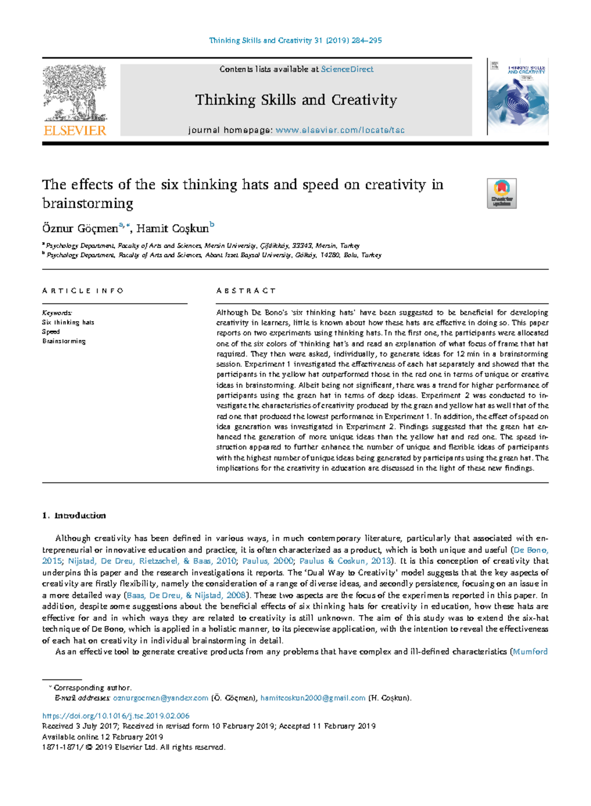 Effects of Six Thinking Hats on Creativity in Brainstorming (06 6hats ...