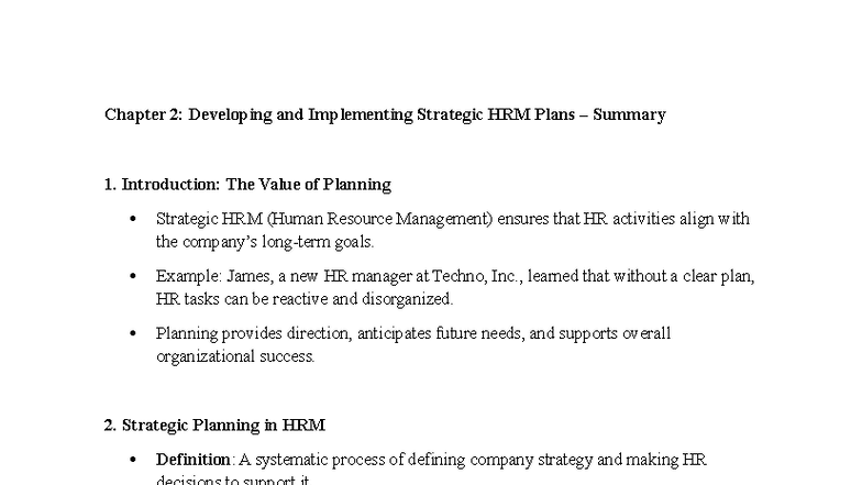Chapter 2 Summary: Developing Strategic HRM Plans - Studocu
