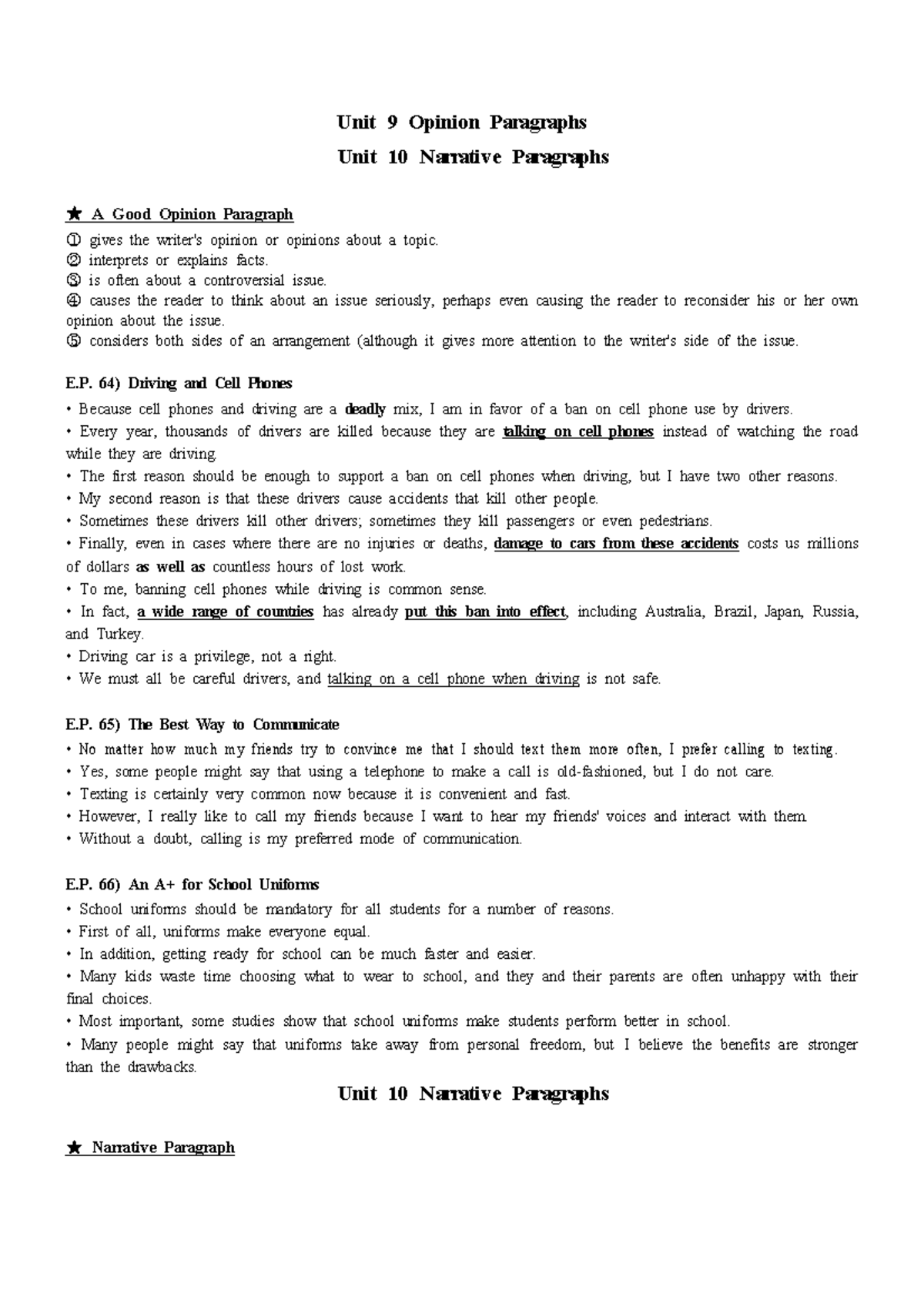 09 - Idk - Unit 9 Opinion Paragraphs Unit 10 Narrative Paragraphs ★ A ...