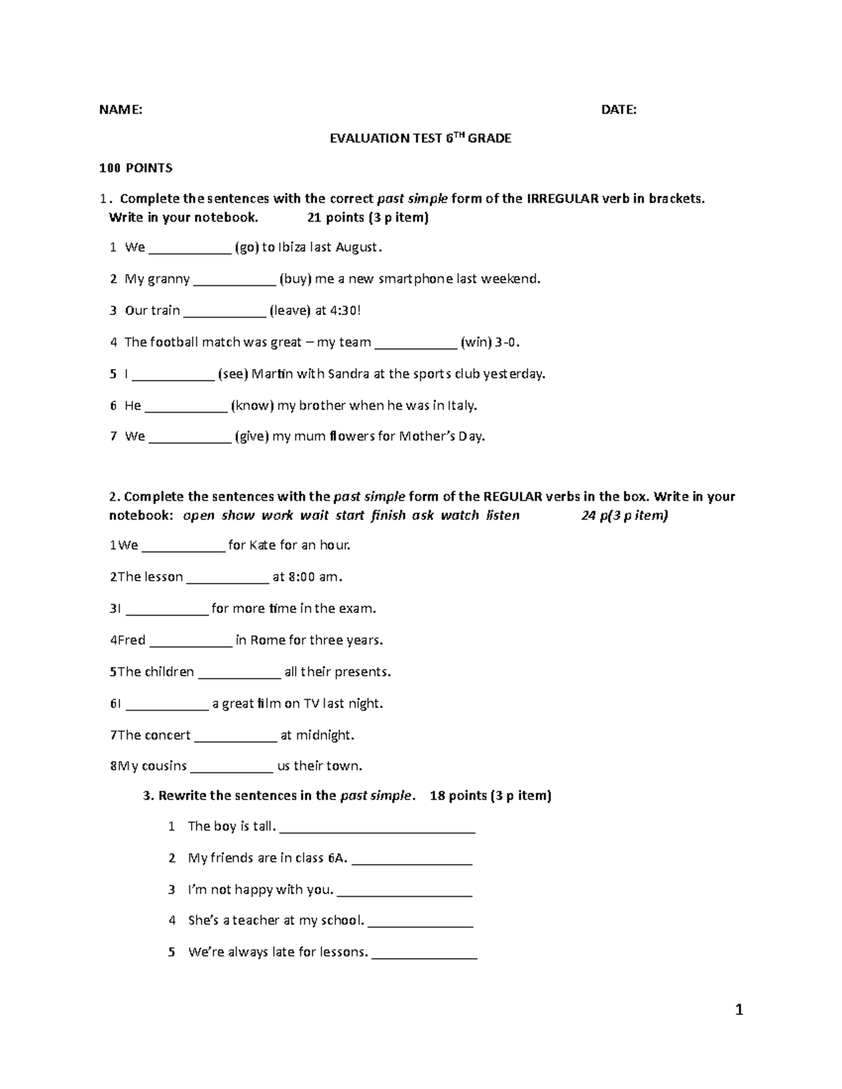 TEST 6: PAST SIMPLE EVALUATION FOR 6TH GRADE - Studocu