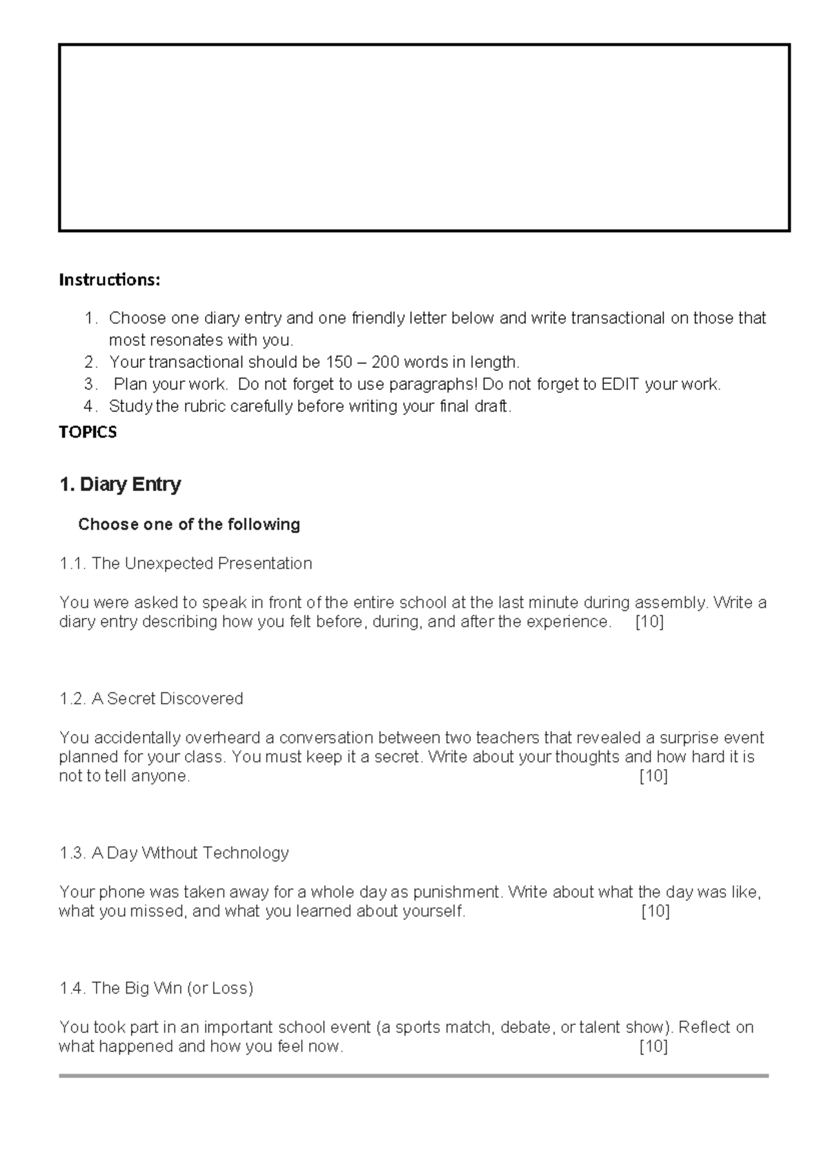 Task 4: Grade 9 Transactional Writing - Diary Entry & Letter ...