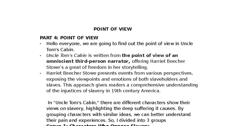 POINT OF VIEW ANALYSIS IN UNCLE TOM'S CABIN (ENG 101) - Studocu