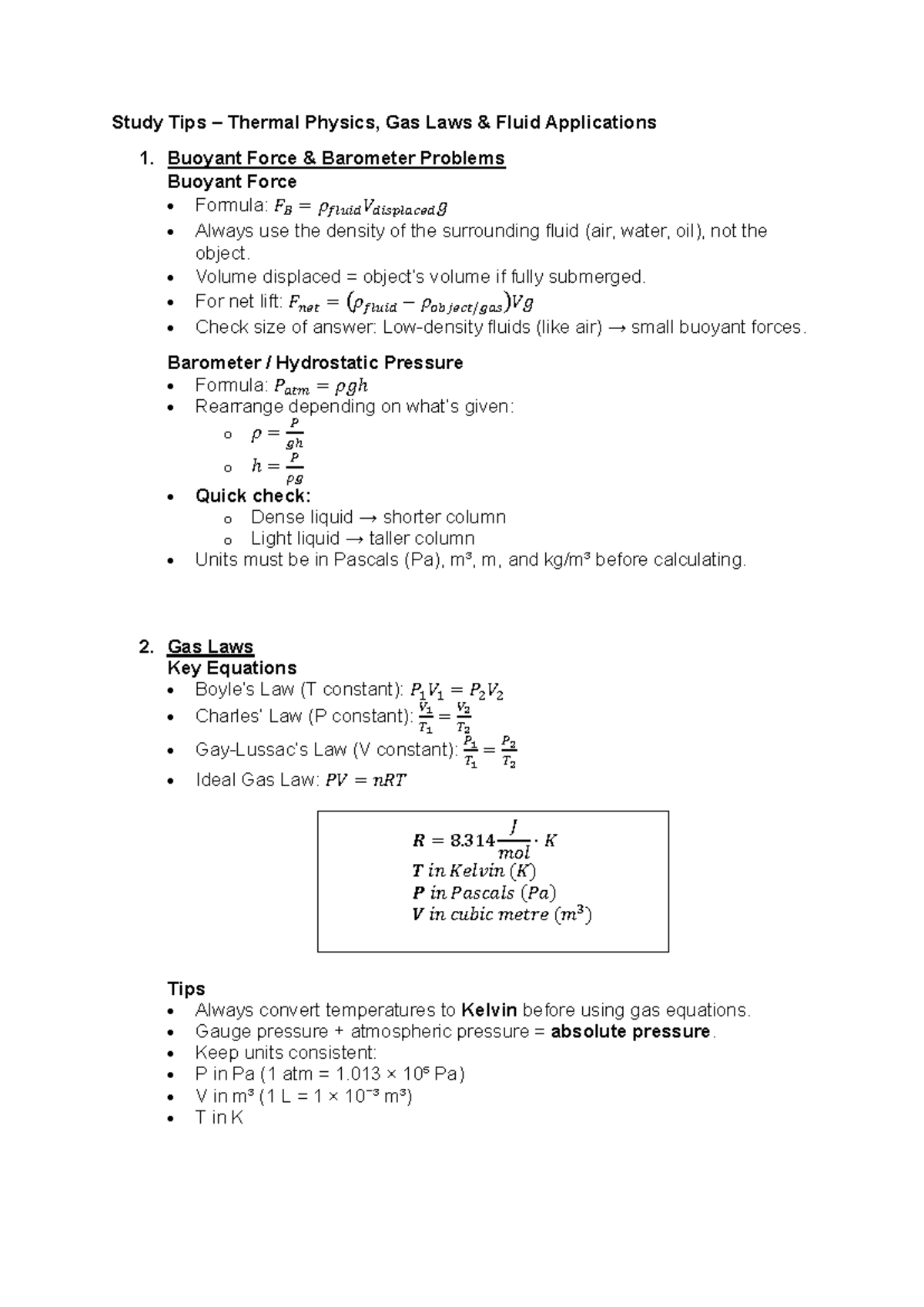 Study Tips for Thermal Physics (PHYS 101): Gas Laws & Fluid ...