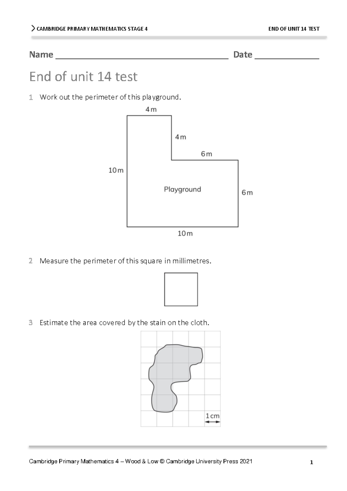 CAMBRIDGE PRIMARY MATHS 4 UNIT 14 TEST - PERIMETER & AREA - Studocu