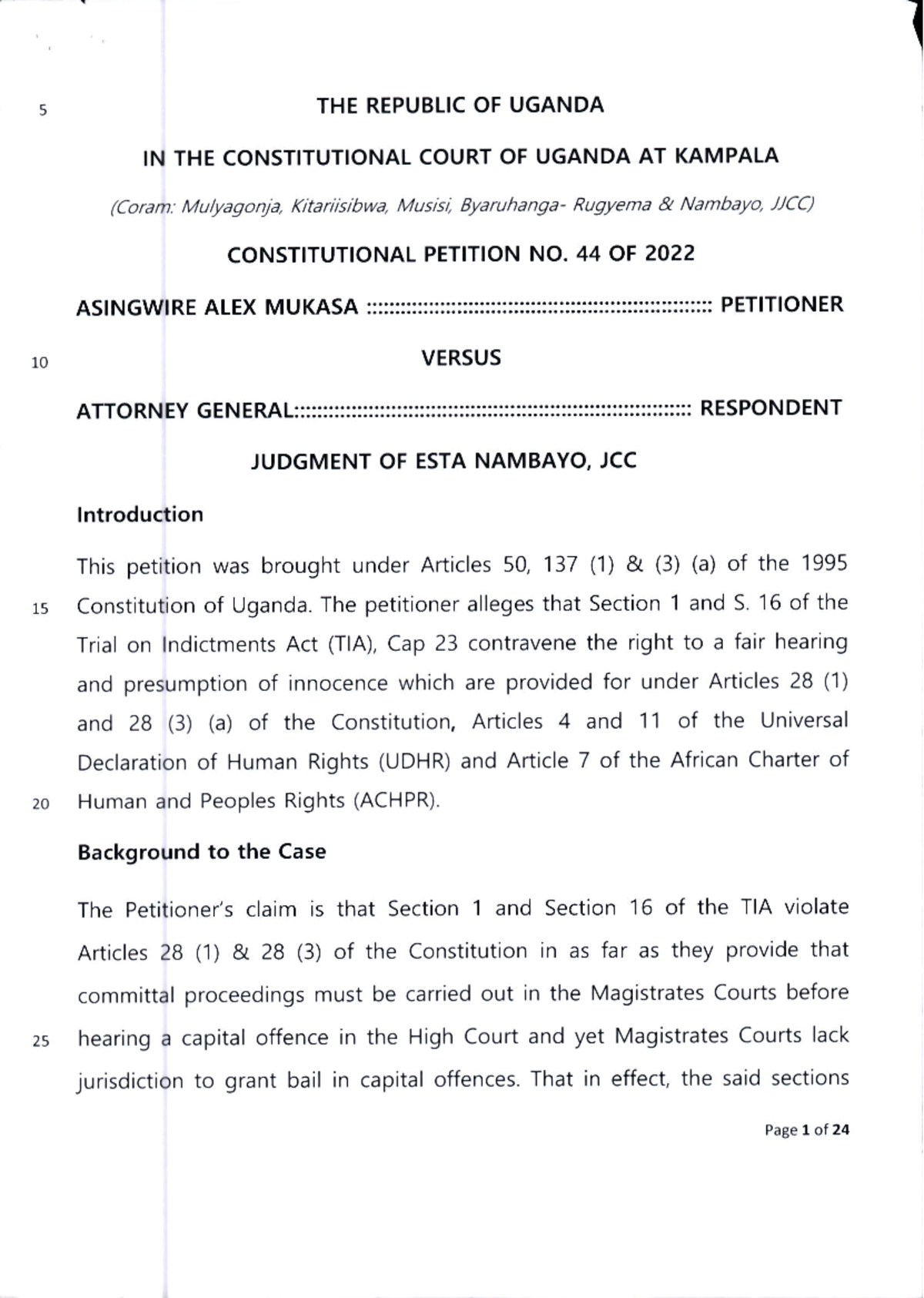Asingwire Alex Mukasa v Attorney General: Constitutional Petition No ...