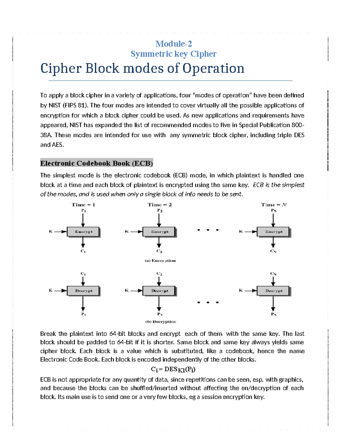 CNS- Module-2 - Module- Symmetric key Cipher Cipher Block modes of ...