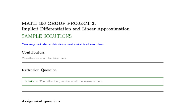 MATH 100 GROUP PROJECT 2: Implicit Differentiation Solutions - Studocu