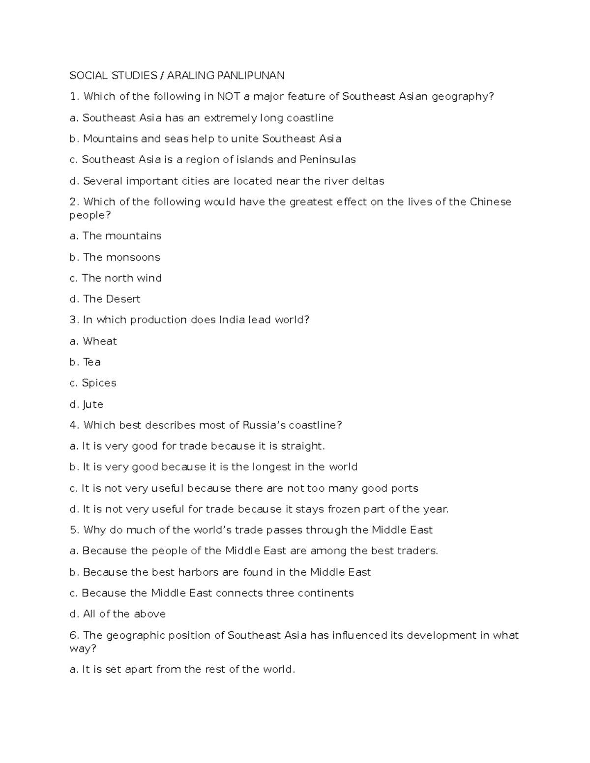 Social Science Quiz: Key Concepts and Geography Questions - Studocu
