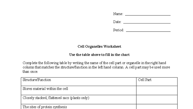 Kaitlyn Raymo - Cell Organelles Worksheet (Biology 101) - Studocu