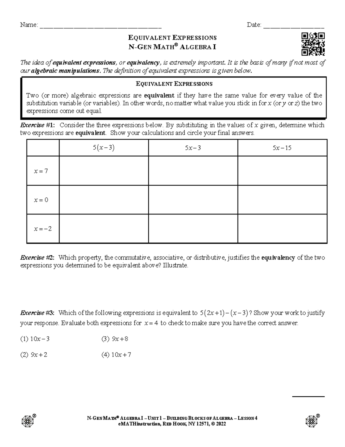 Equivalent Expressions in Algebra I: Unit 1 Exercises and Lessons - Studocu