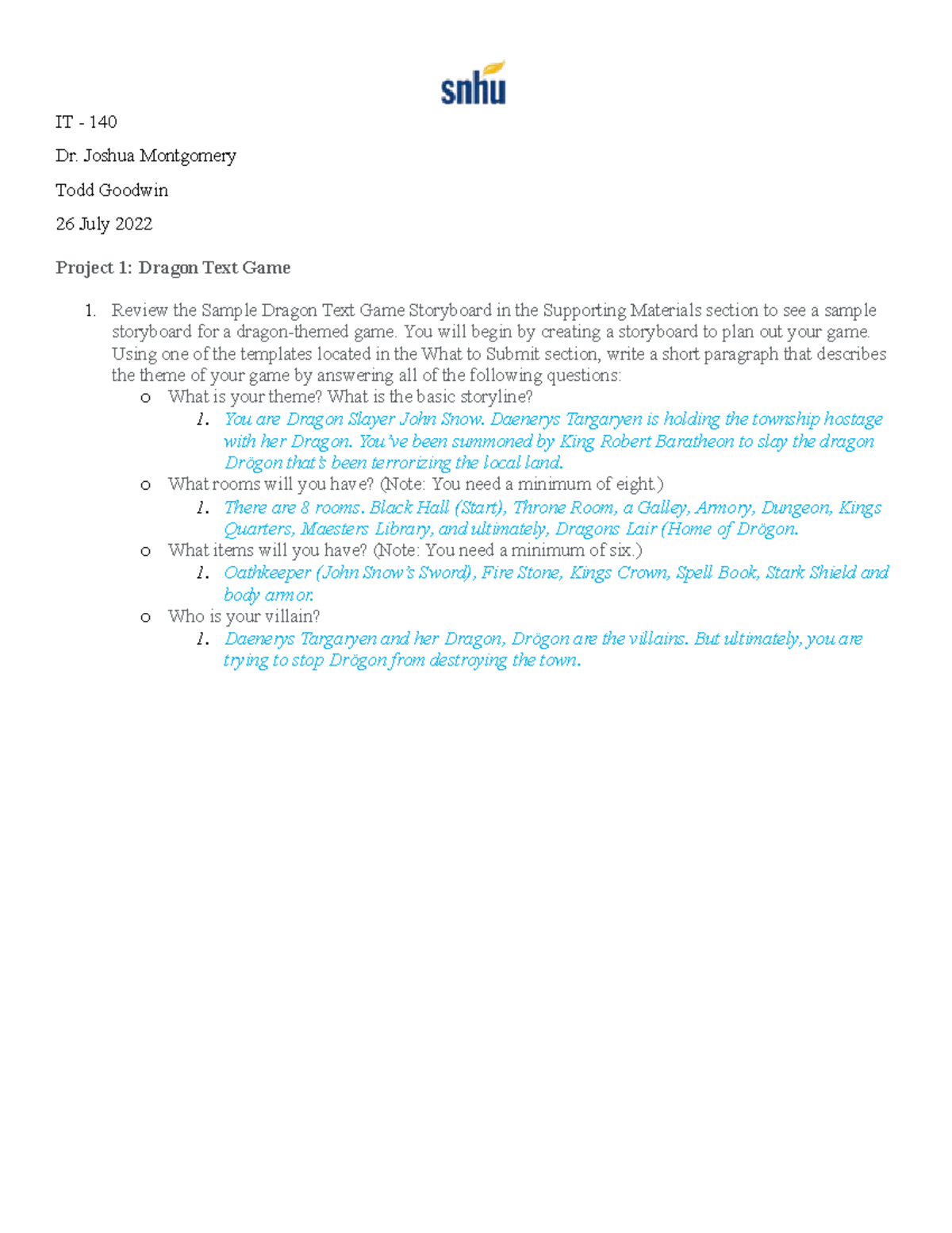 IT-140 Assignment 5-3 Project 1: Dragon Text Game Storyboard - Studocu