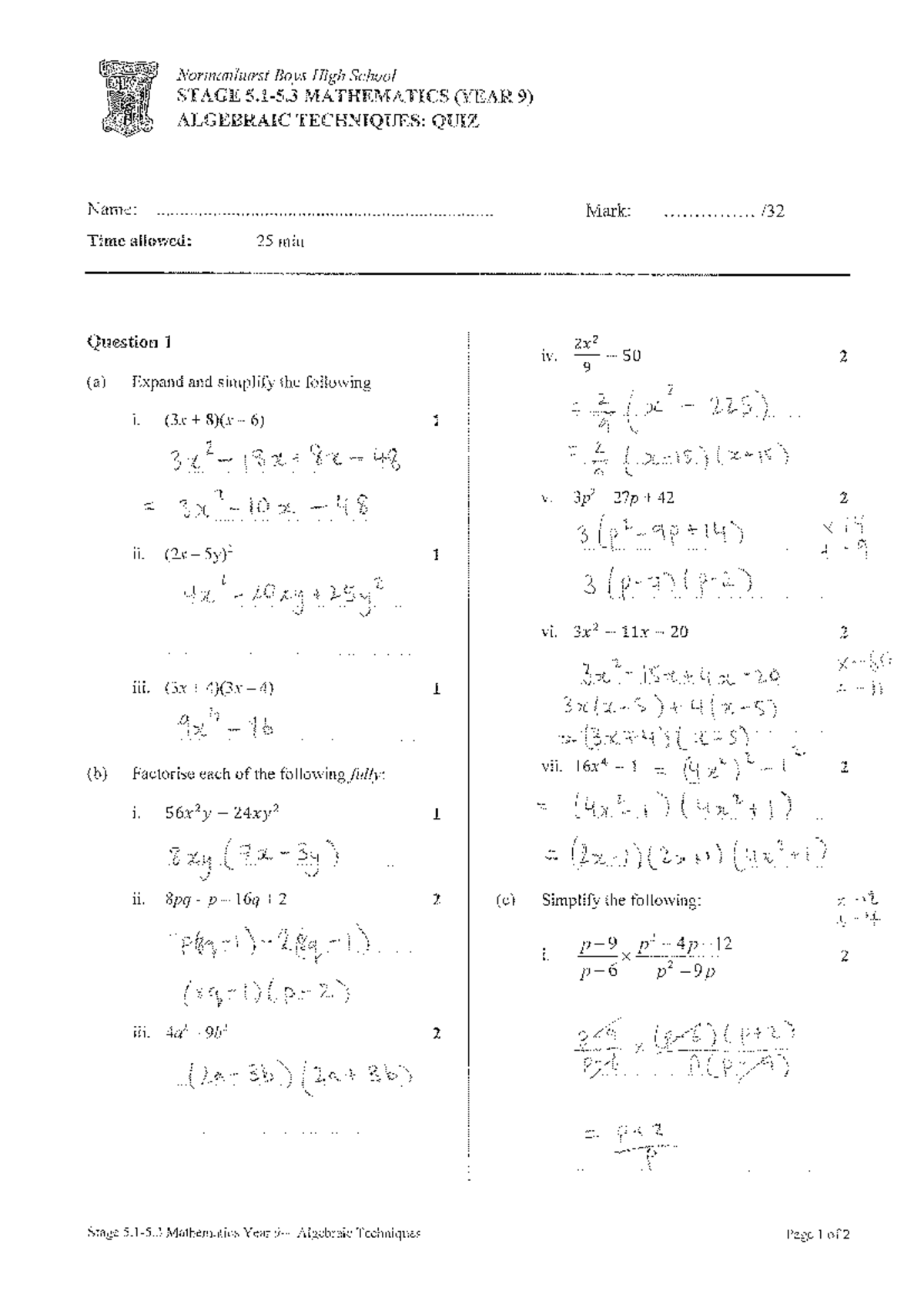 Normanhurst Boys High School Year 9 Algebraic Techniques Quiz Solutions ...
