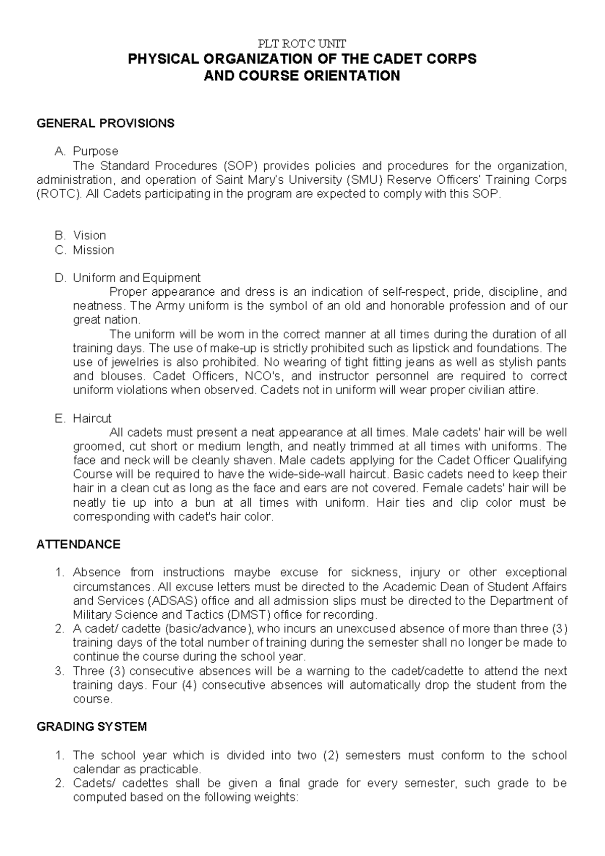 PHYSICAL ORG OF CADET CORPS & COURSE ORIENTATION SOP - Studocu