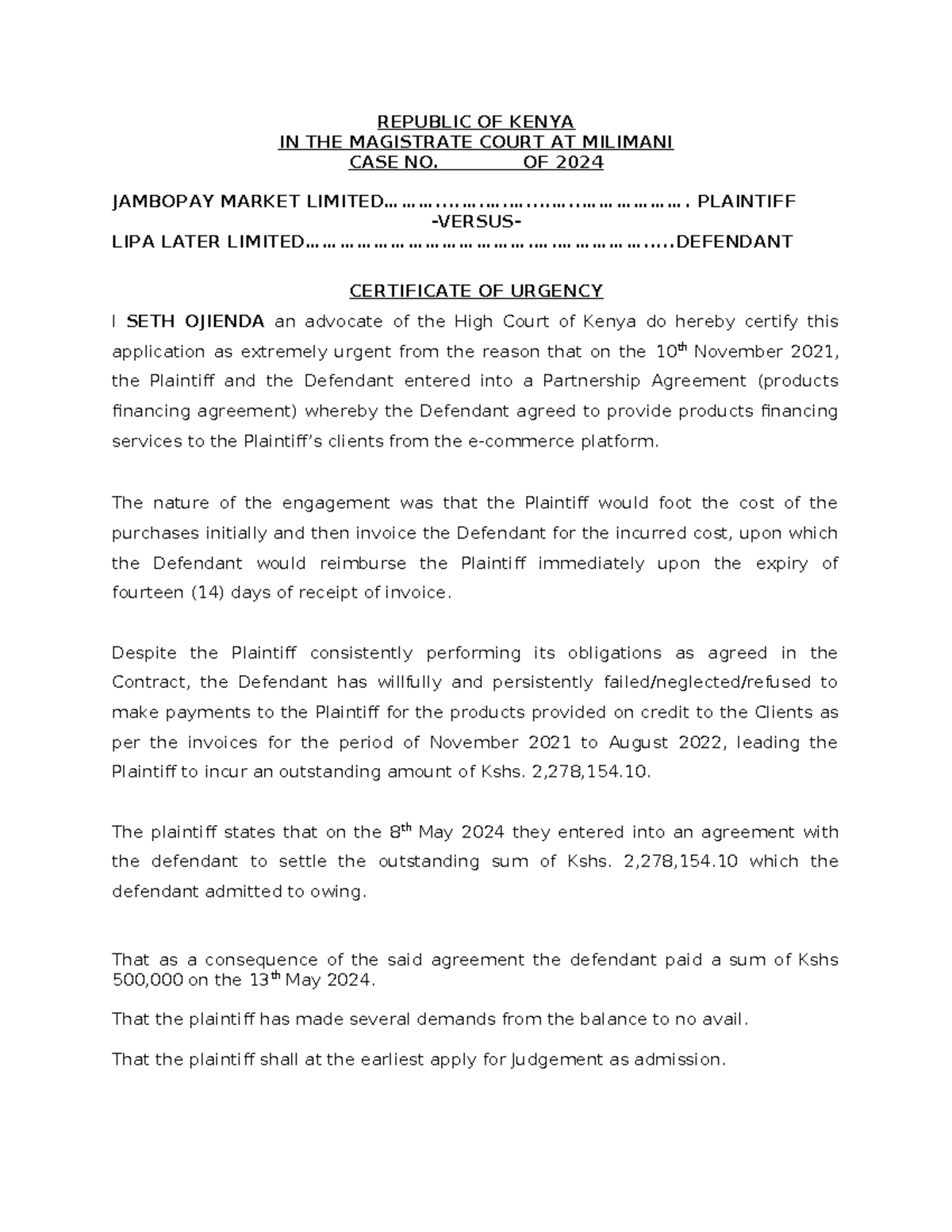 Order 13 judgement on admission 2024 - REPUBLIC OF KENYA IN THE ...