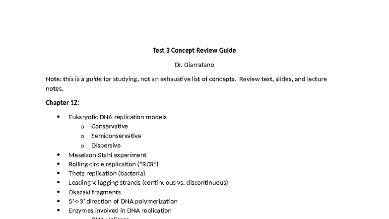 Test 3 Study Guide: Eukaryotic DNA Replication & RNA Processing - Studocu