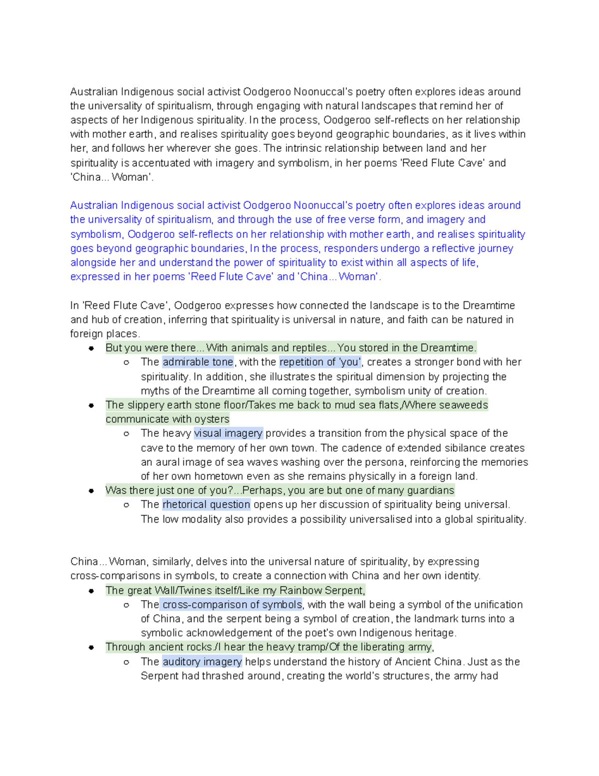 Essay Notes: Oodgeroo Noonuccal's Spirituality in Poetry - Studocu