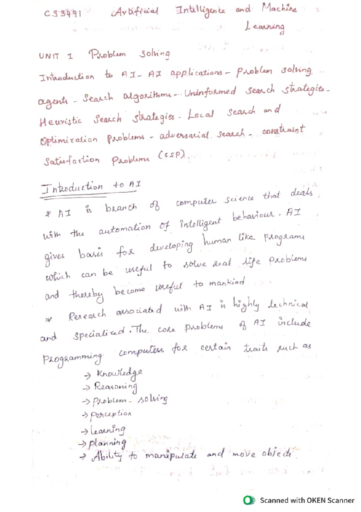 Cs3491 Artificial Intelligence Machine Learning Unit 1 Notes Studocu